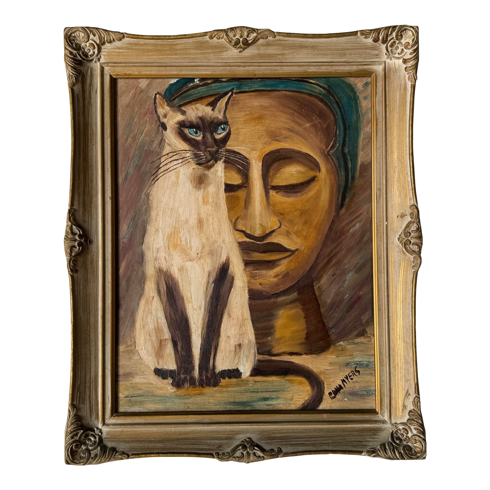 1960's Edna Myers Cat and Buddha Oil Painting, Framed | Chairish