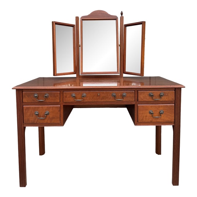 Pre-War 1930s Colonial Revival Hardwood Vanity W/ Tri-Fold Mirror ...