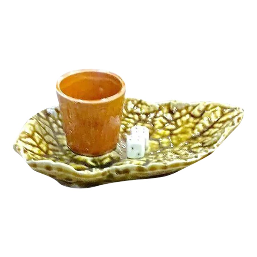 Antique Etruscan Majolica Leaf Matchstick Cup | Chairish