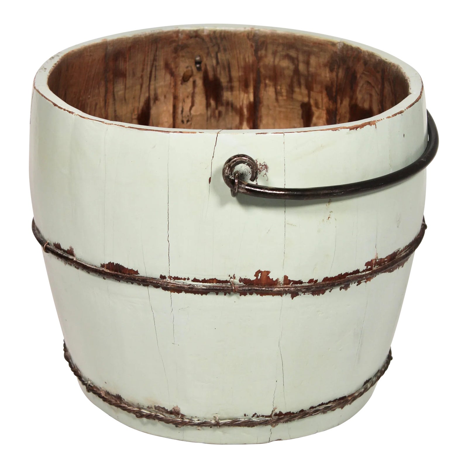 Vintage Farmhouse Light Teal / Ice Blue Wooden Water Bucket | Chairish