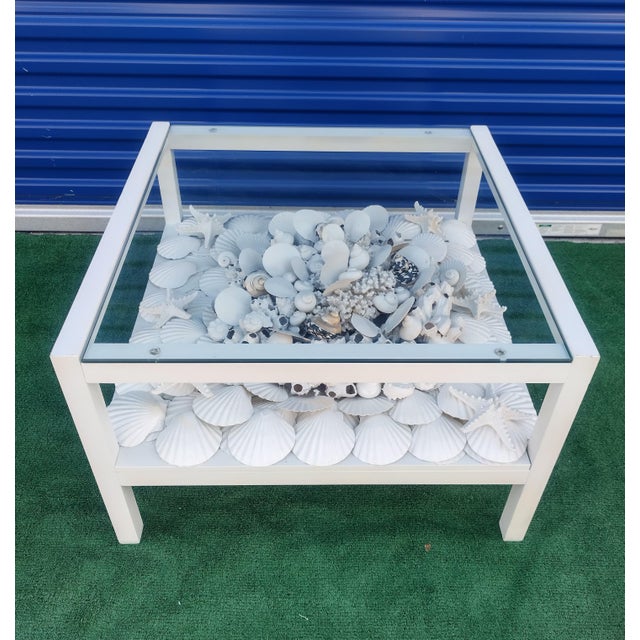 Custom Made Coastal Square White Seashell Encrusted Coffee Table | Chairish