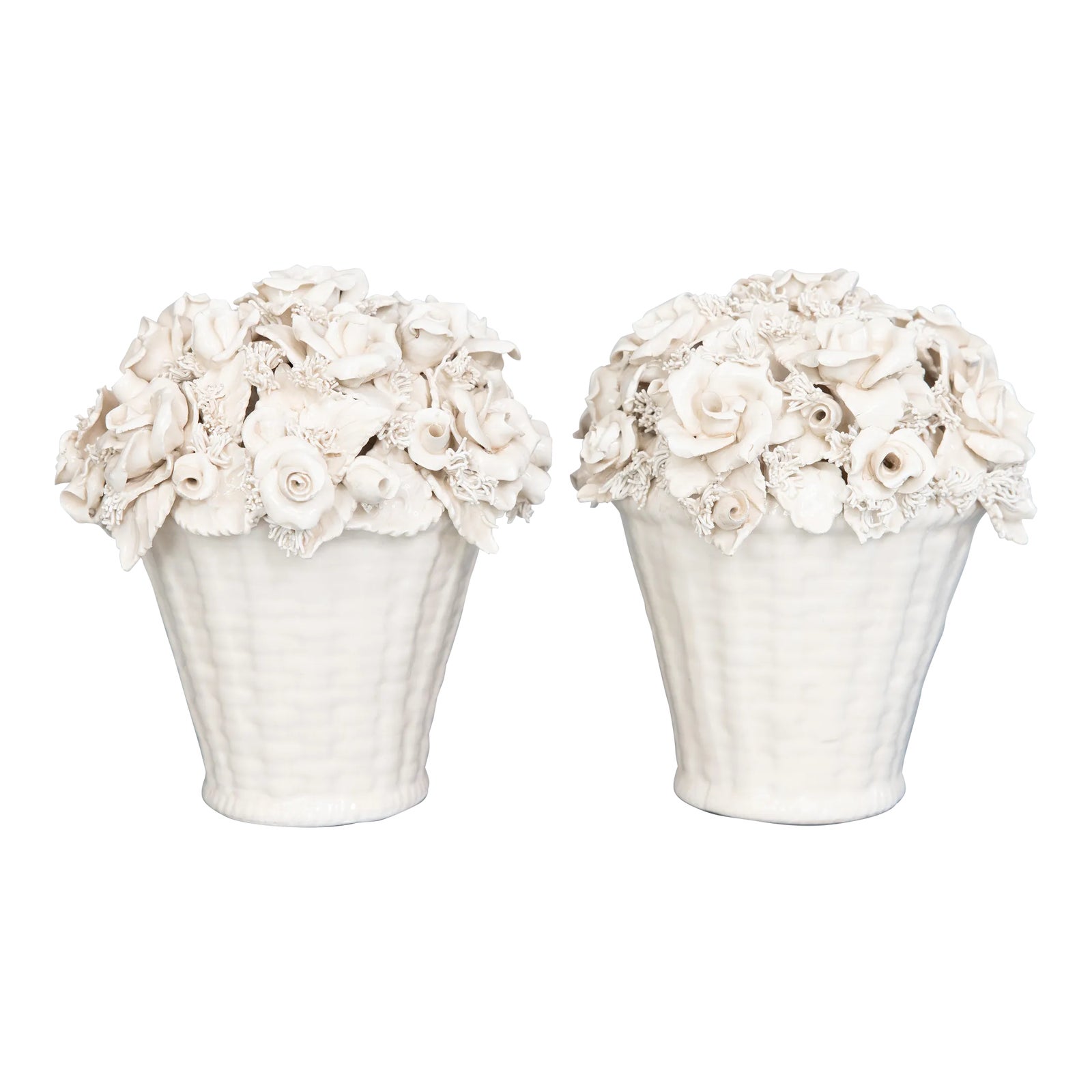 Antique French Limoges White Porcelain Creamware Roses Flower Baskets ...