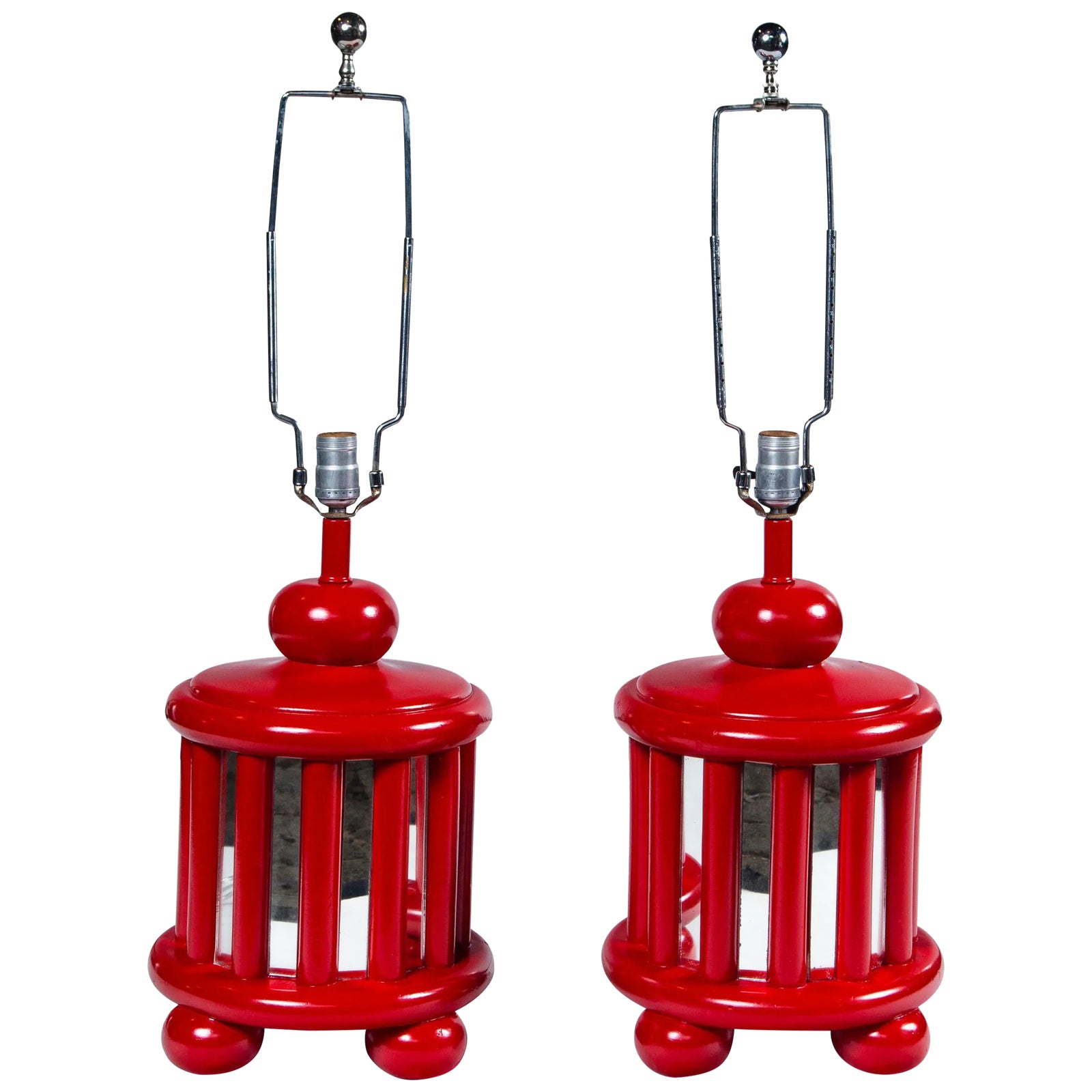Mid-Century Mirrored Red Lamps - a Pair | Chairish