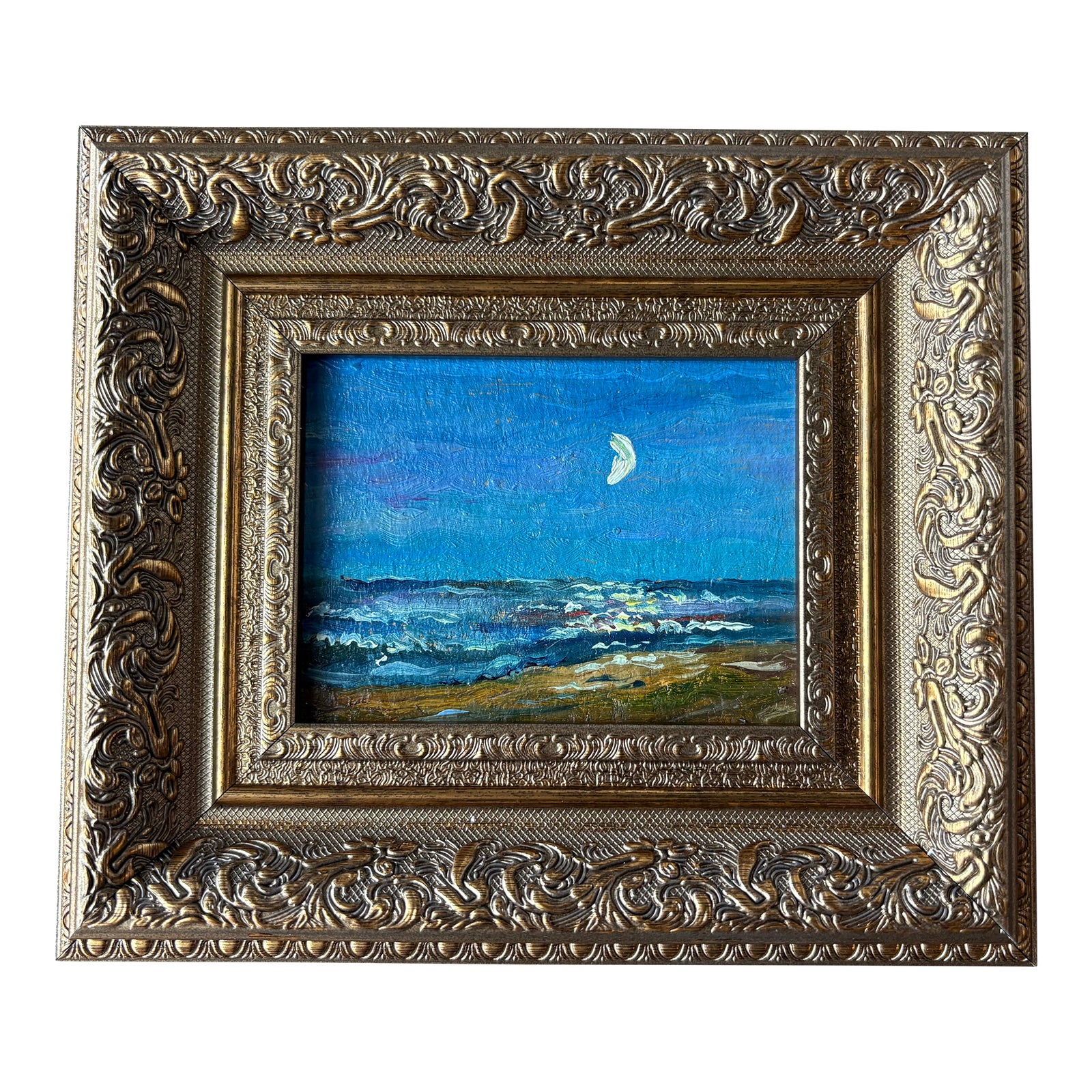 Vintage Abstract Expressionist Crescent Moon Over Sea, Framed | Chairish