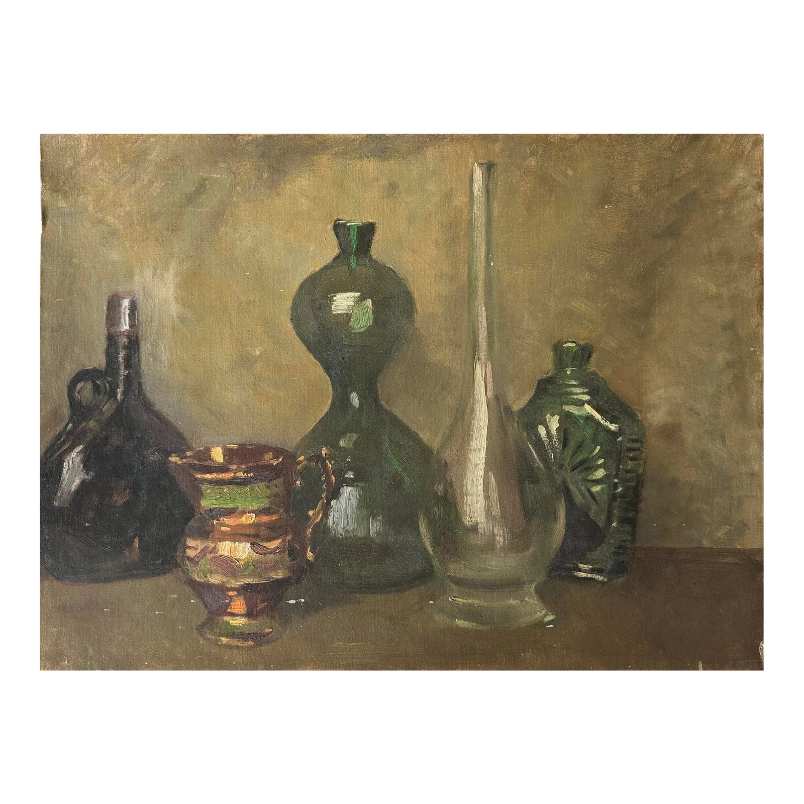 Vintage Expressionist Still Life With Bottles, Oil on Canvas Board ...