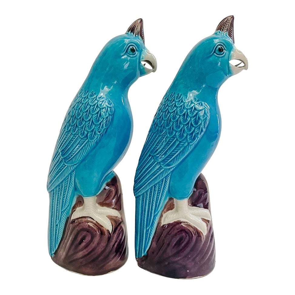1930 Chinese Porcelain Turquoise Parrot Figurines - a Pair | Chairish