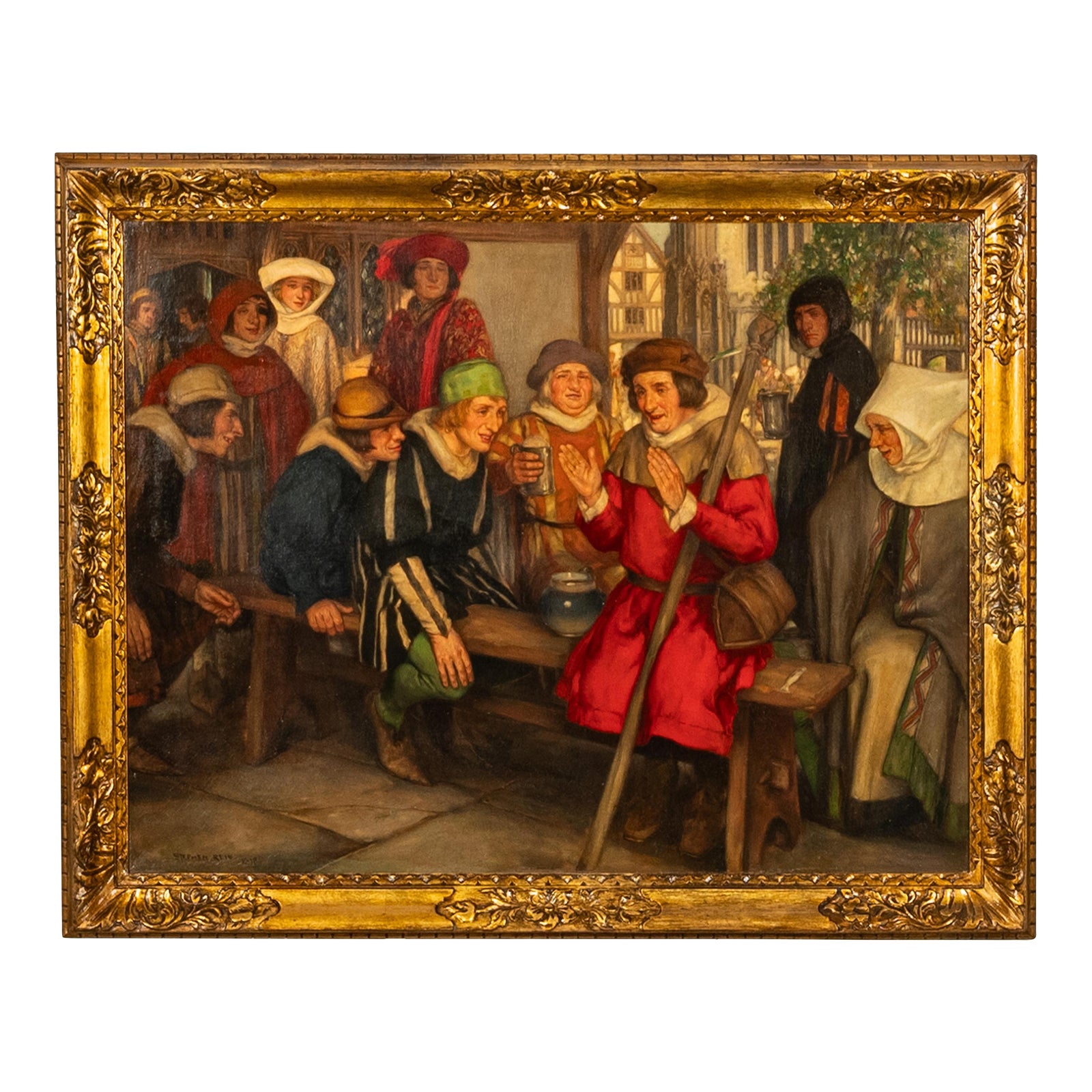 Antique Oil on Canvas Painting Medieval Figurative Village Scene ...