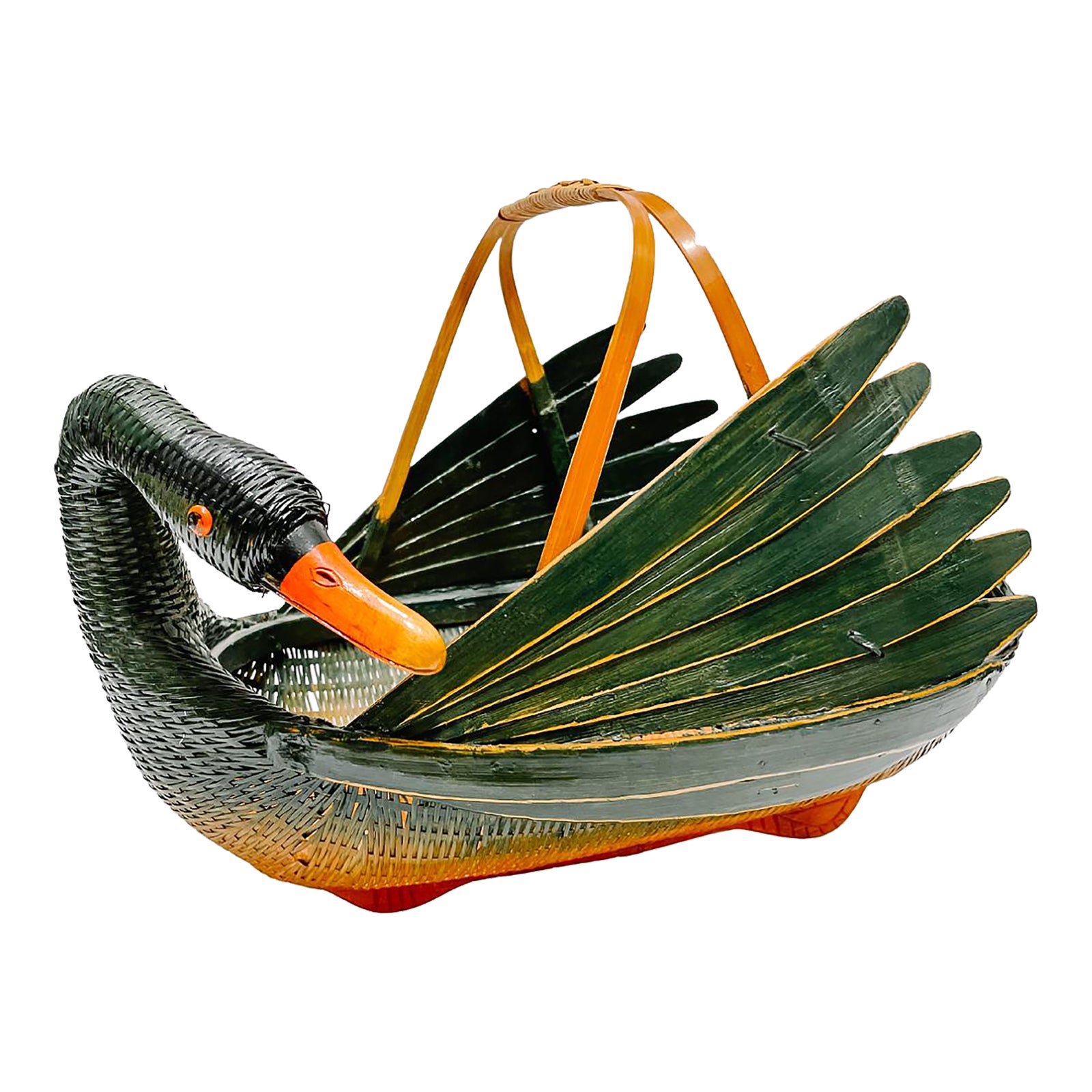 Green Woven Wicker Rattan & Bamboo Goose or Swan Duck Basket | Chairish