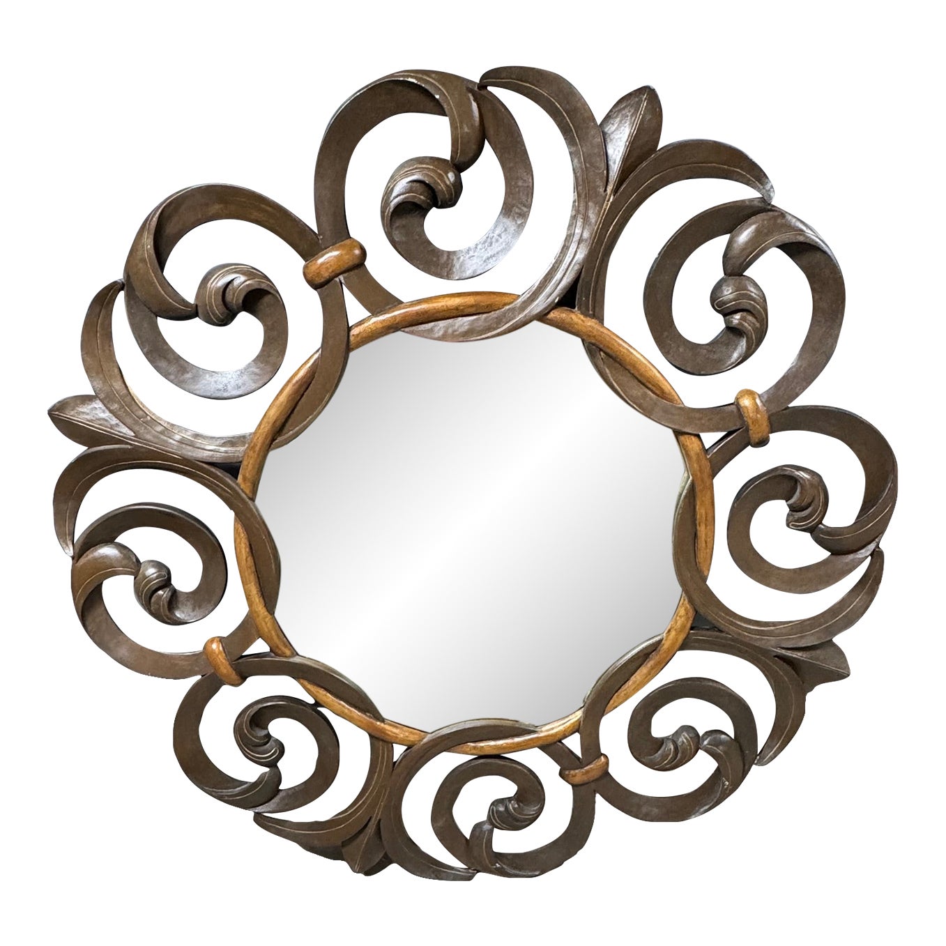 Large Round Mirror With Scalloped Wooden Frame by Harrison & Gil | Chairish
