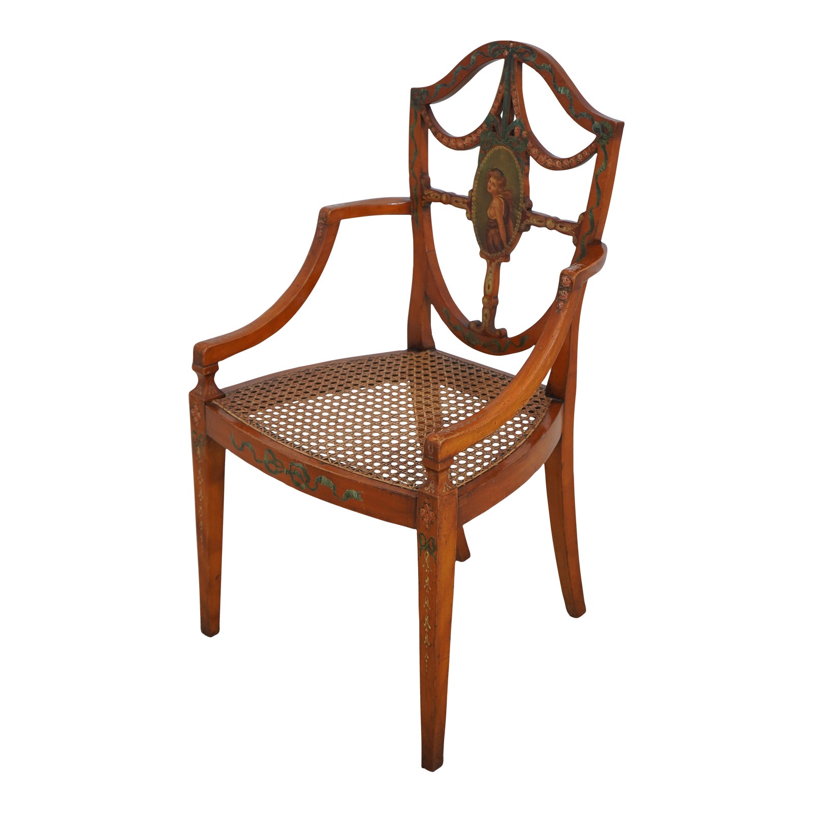 Antique Adam Paint Decorated Cane Seat Armchair | Chairish