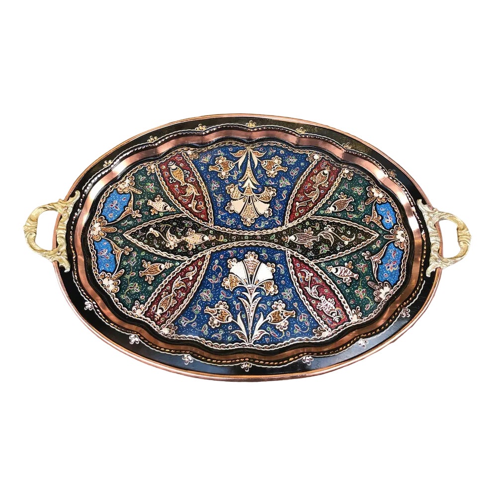 Hand Carved Copper Tray with Handles | Chairish