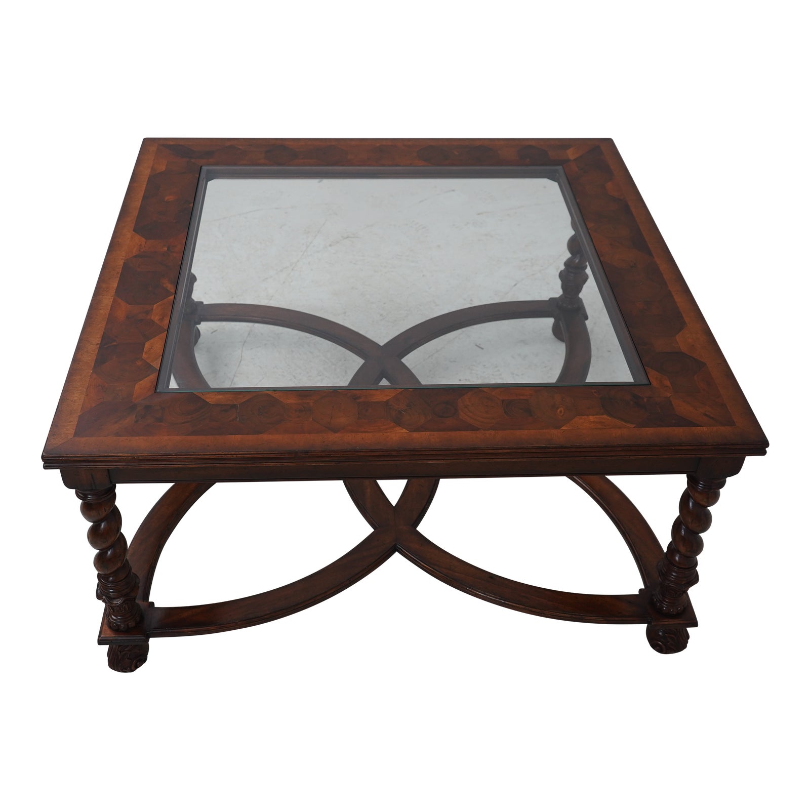 Gorgeous Jacobean Oyster Wood & Glass Top Coffee Table | Chairish