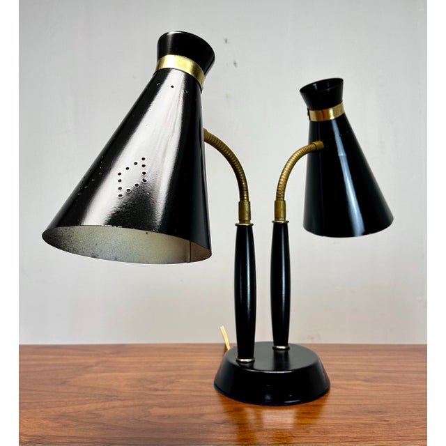 Mid Century Atomic Modern Double Gooseneck Desk Lamp in Black & Brass ...