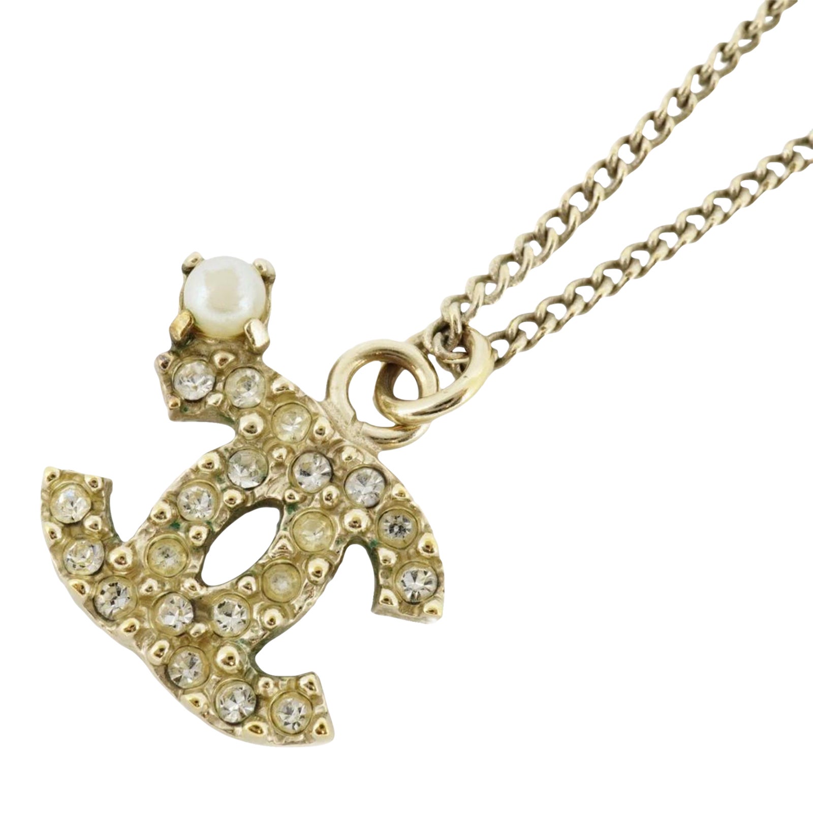 Chanel Necklace Coco Mark Fake Pearl Rhinestone Gp Plated Champagne ...