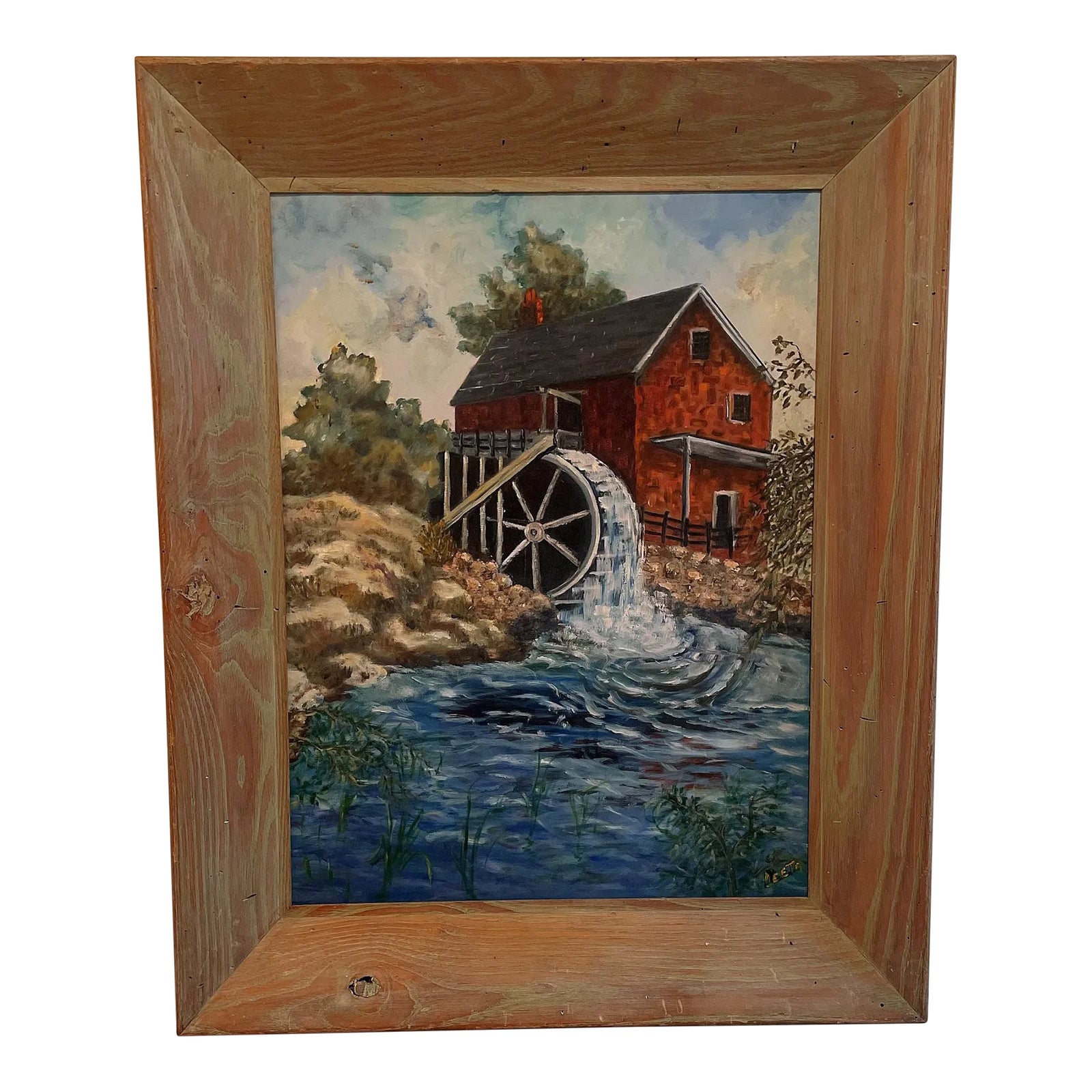 Vintage Original Landscape Painting of an Old Gristmill With Waterwheel Signed Leeta | Chairish