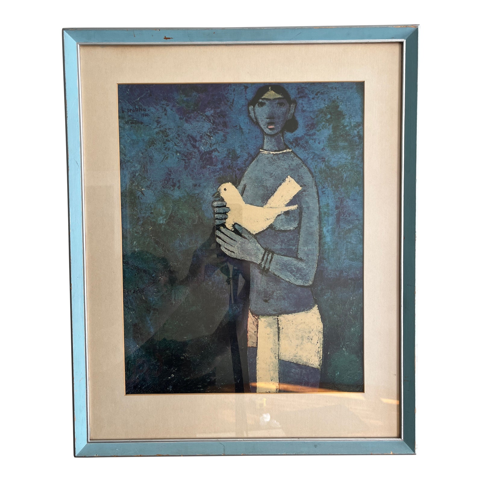Mid 20th Century B. Prabha Indian Artist Woman With a Dove 1964 Print ...