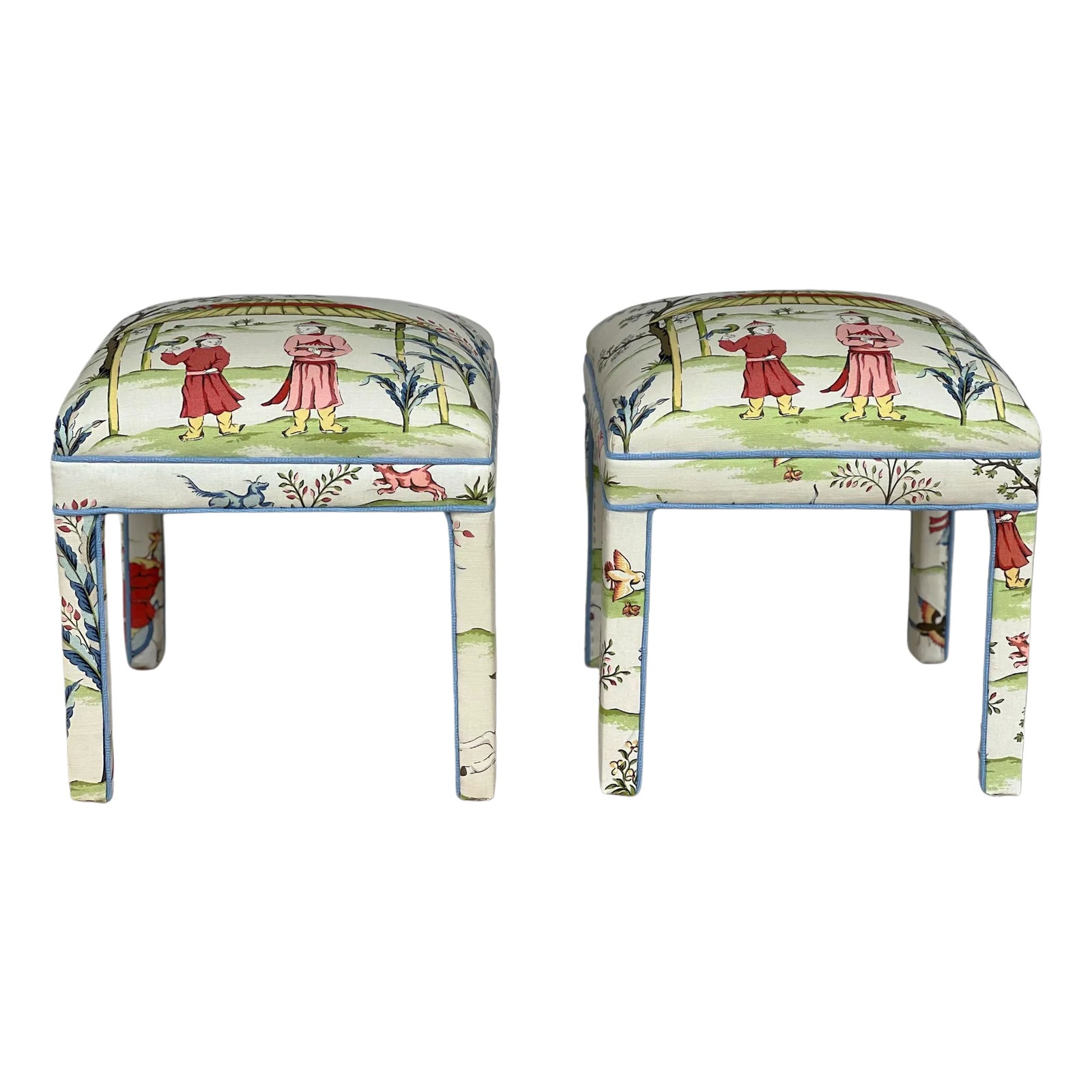 1980s Pair of Bunny Williams Style Benches in Thibaut “Ting Yuan ...