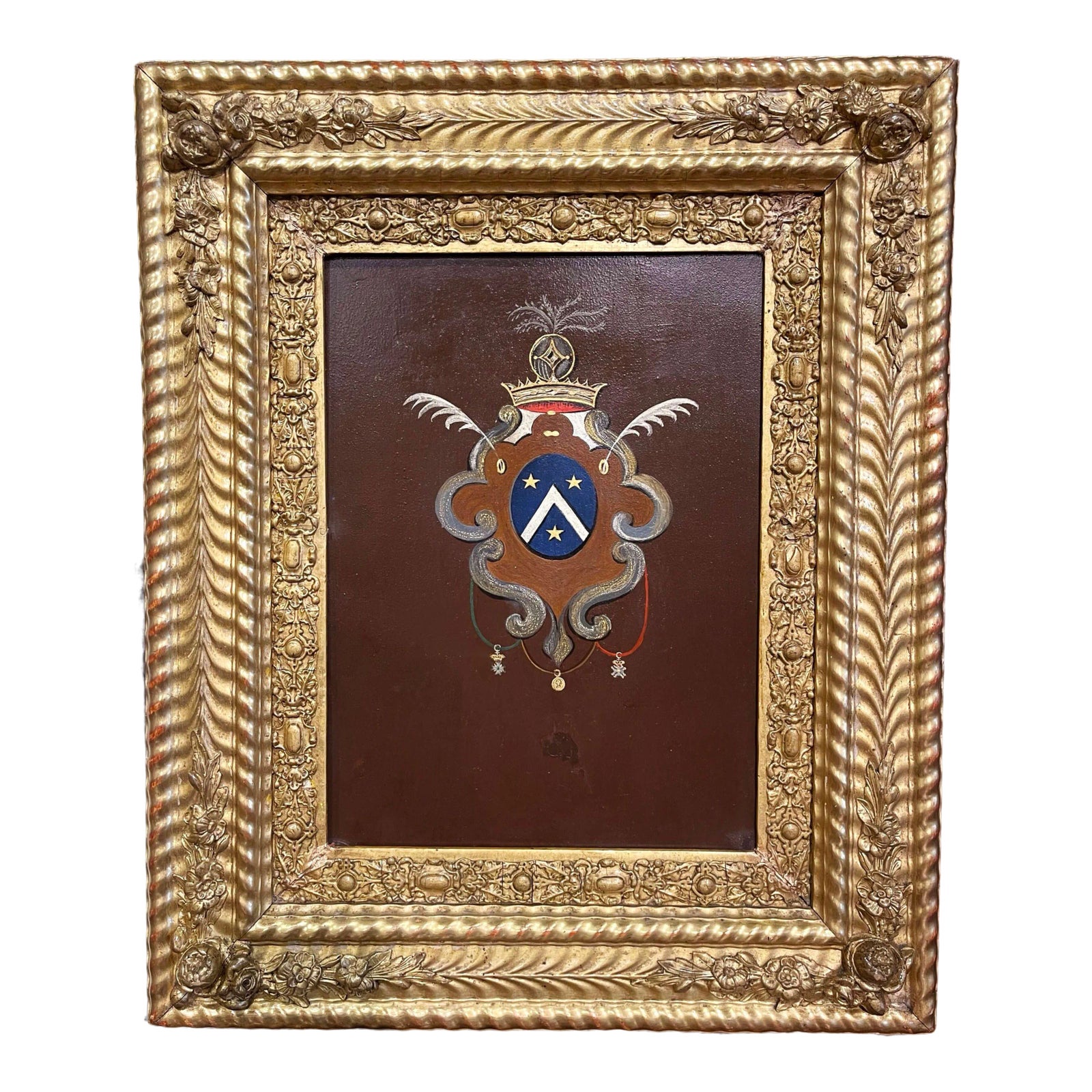Early 19th Century French Hand Painted Crest on Metal in Carved Gilt ...