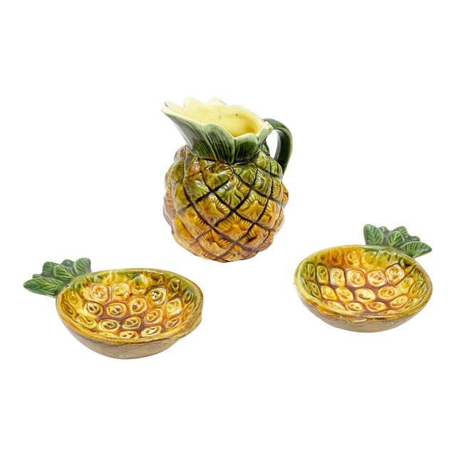 1950's Mid Century Kitsch Hand Painted Ceramic Pineapple Serving Set - 3 Pieces | Chairish