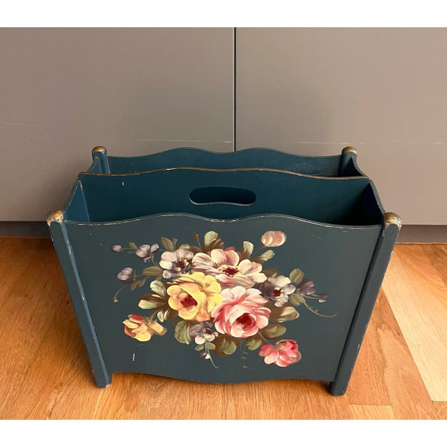 Antique Floral Painted Wood Magazine Rack | Chairish
