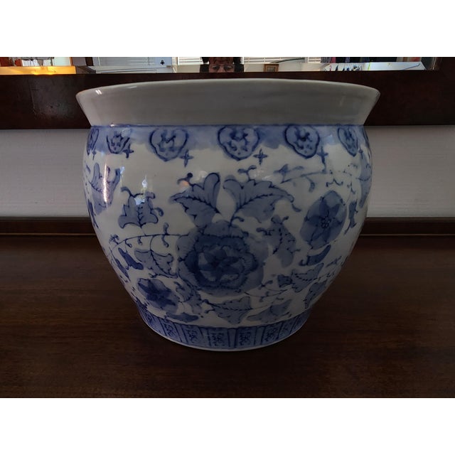 Vintage Chinoiserie Style Blue & White Ceramic Fish Bowl Planter | Chairish