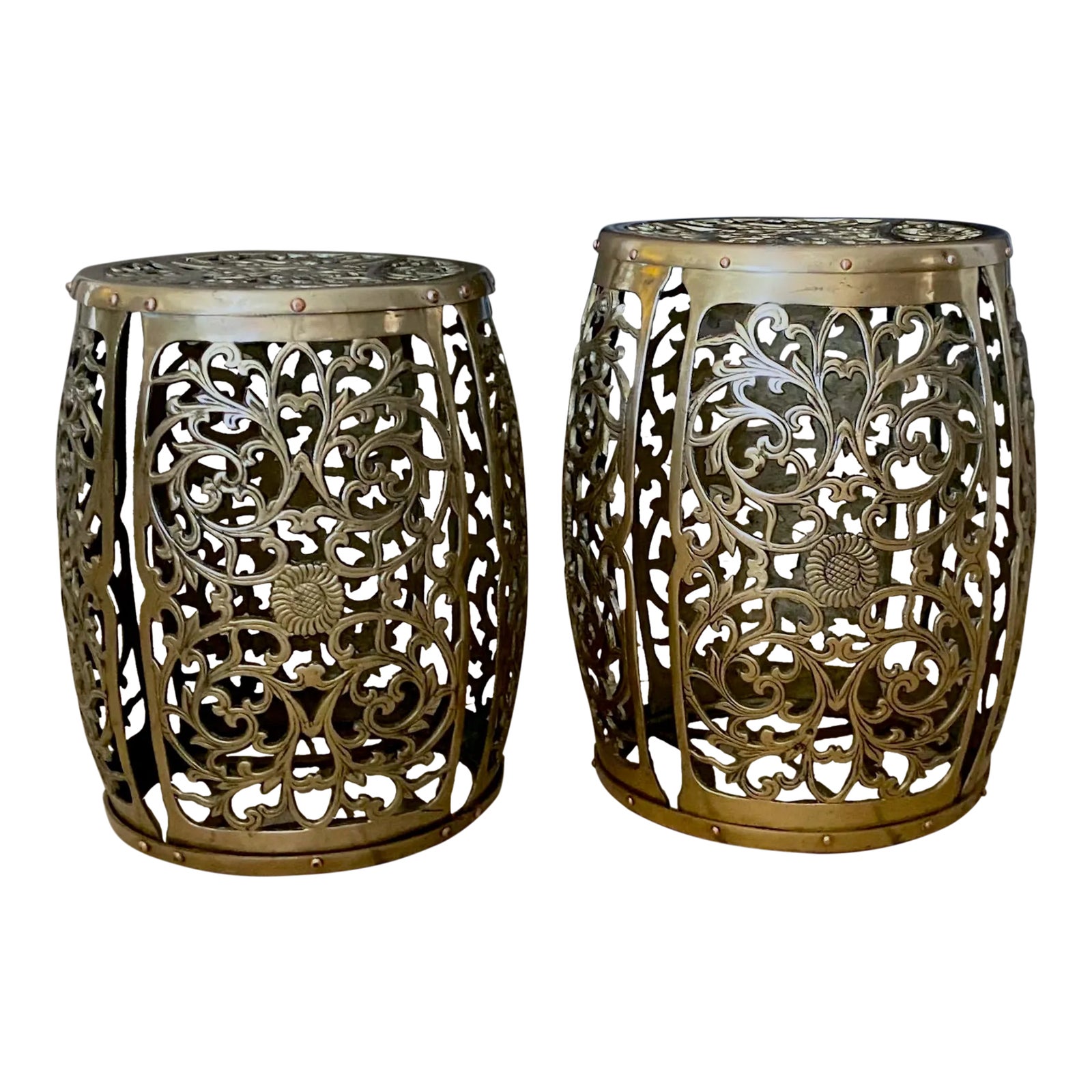Pair Asian Brass Round Garden Stools | Chairish