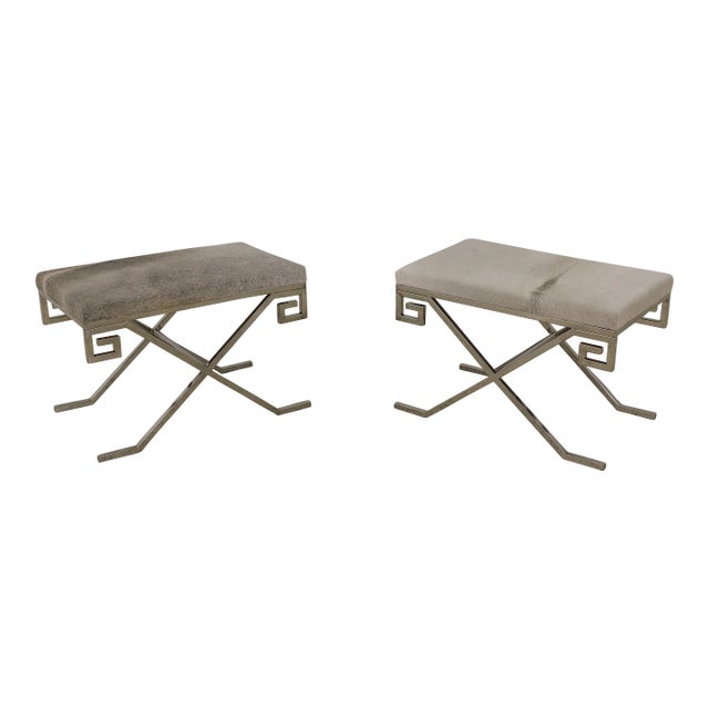 Pair Modern Design Greek Key Chrome Benches | Chairish