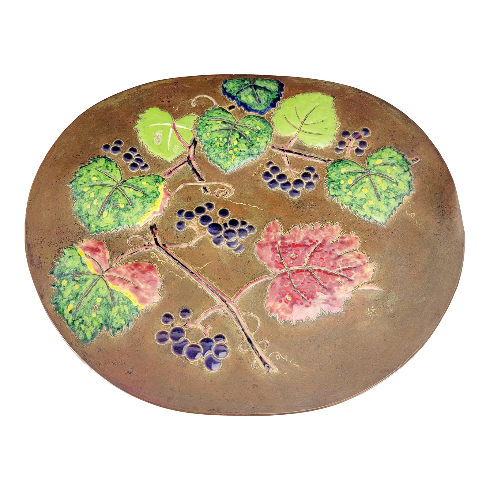 Large Hand Hammered Studio Art Copper & Enamel Plate Vines Grapes Motif ...