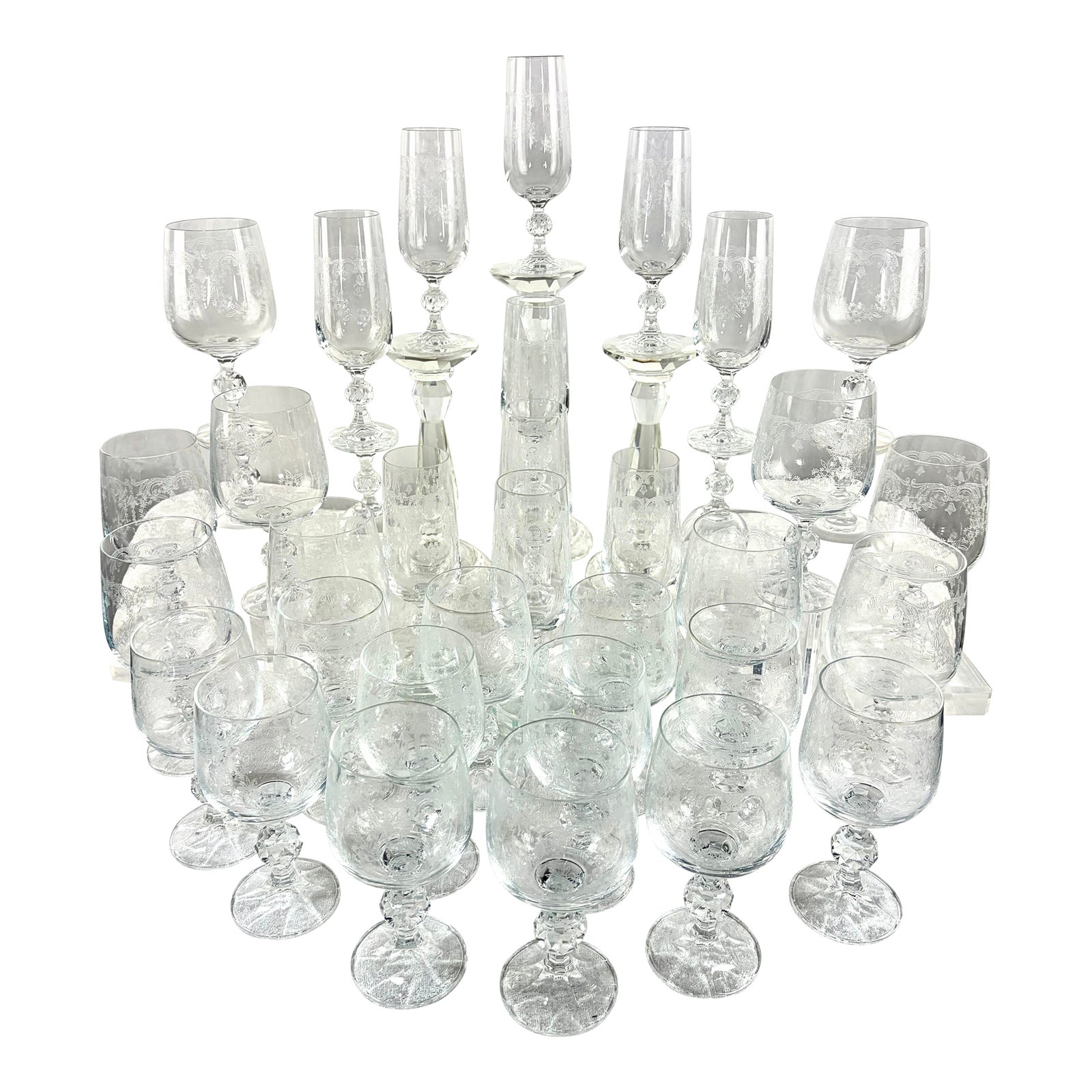Cascade Etched Crystal Stemware • Complete 36‑Piece Service With Jewel ...