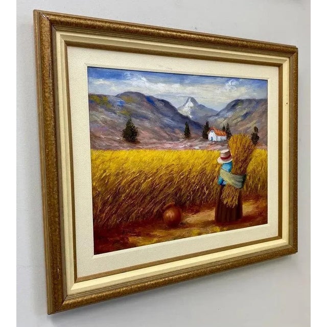 A Farmerette on a Wheat Field Landscape Painting, Framed and Signed ...