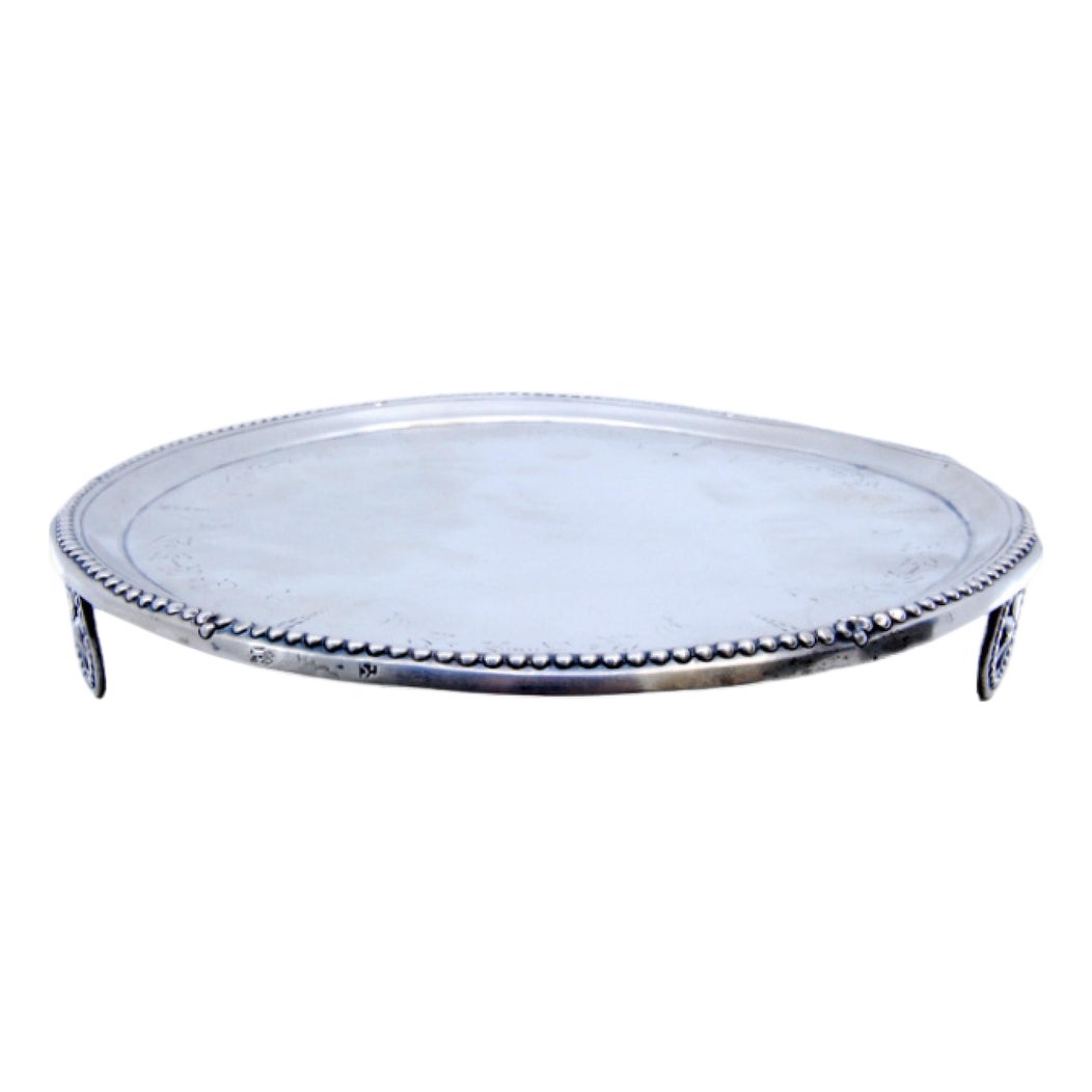 Silver Tray with Engravings, Pearly Rim and Wheel-Shaped Feet | Chairish