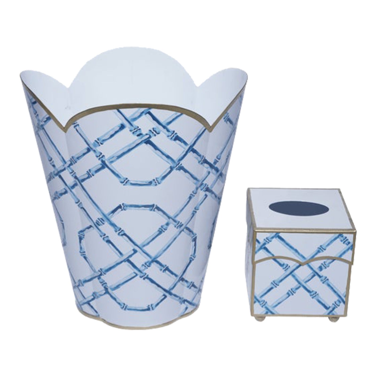 Bamboo Scalloped Tissue and Wastebasket Set, Navy/White | Chairish