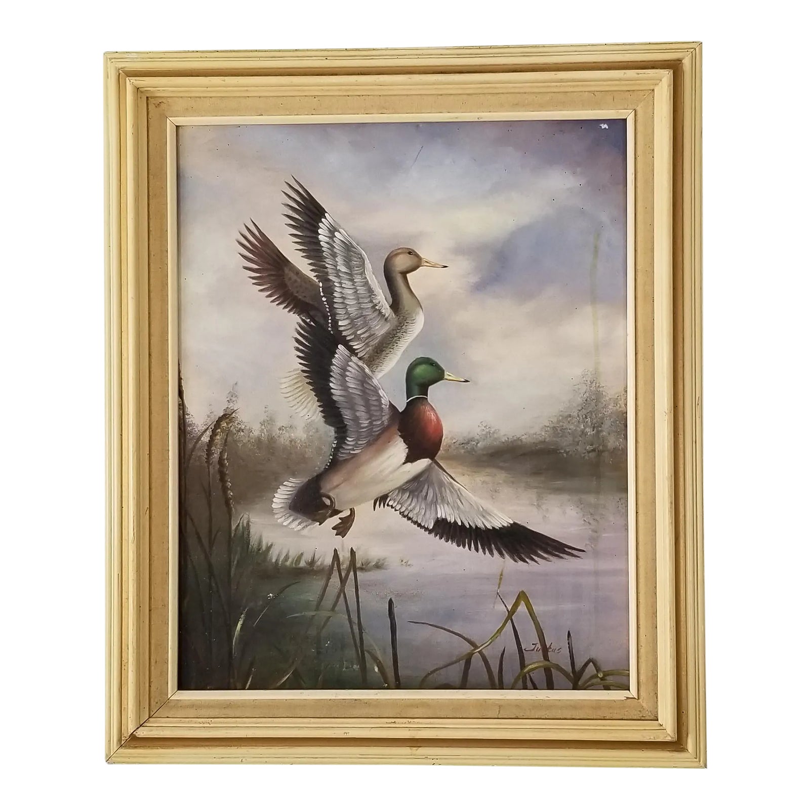 Original Tropical Oil on Canvas Painting of Two Ducks Flight, Artist ...
