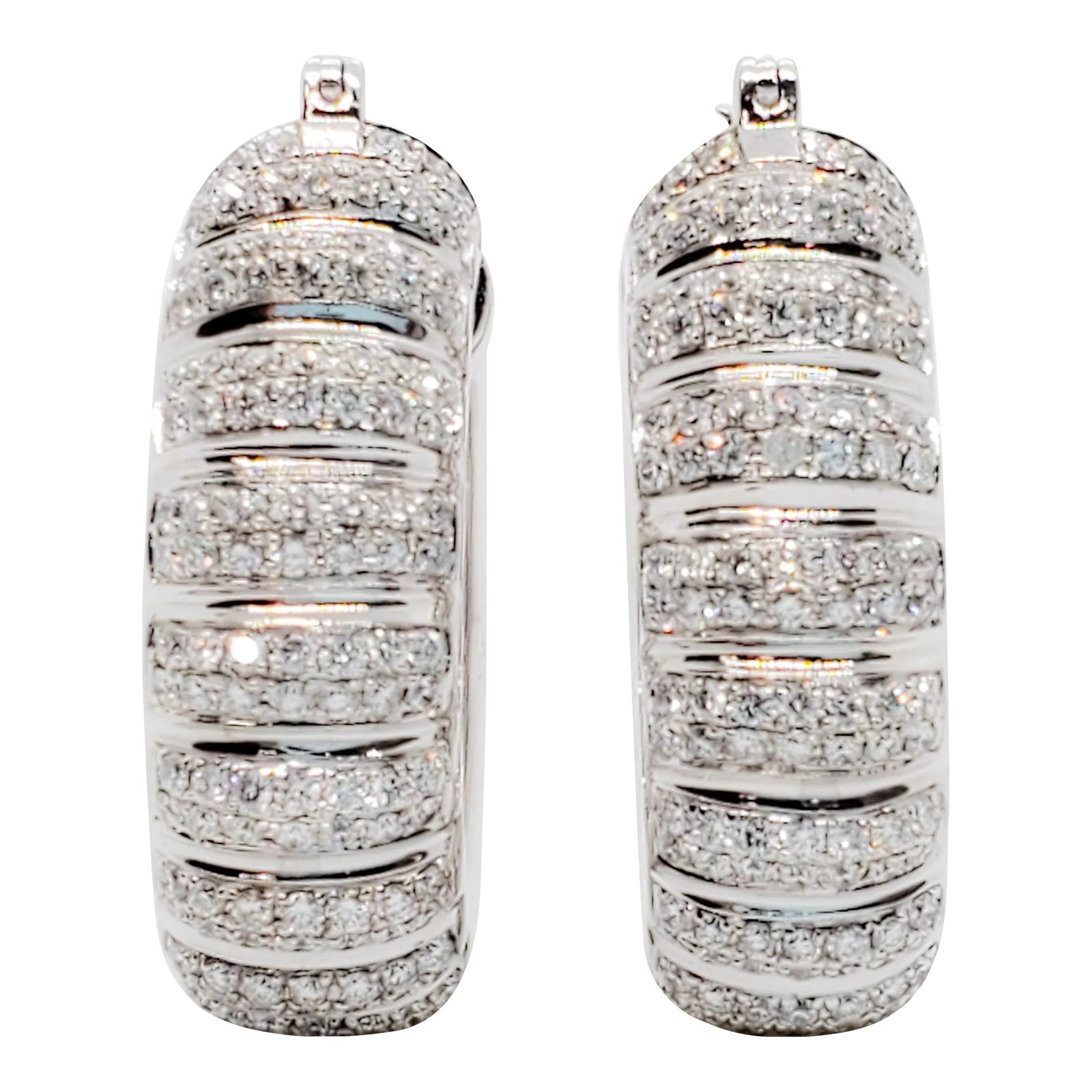 White Diamond Fluted Hoops in 18 Karat White Gold - A Pair | Chairish