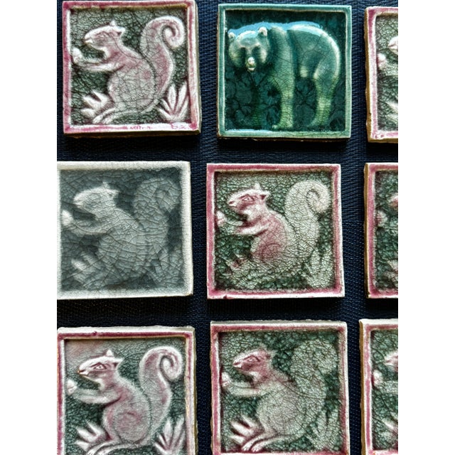 Nine Early 20th Century Glazed Tiles of Squirrels and Bear | Chairish