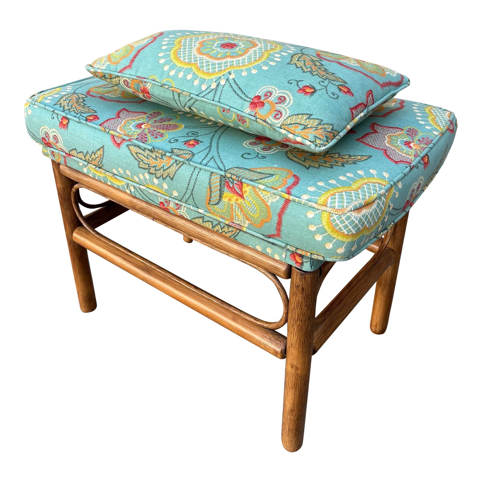 Vintage Coastal Style, Boho Chic Rattan Ottoman / Accent Bench. | Chairish