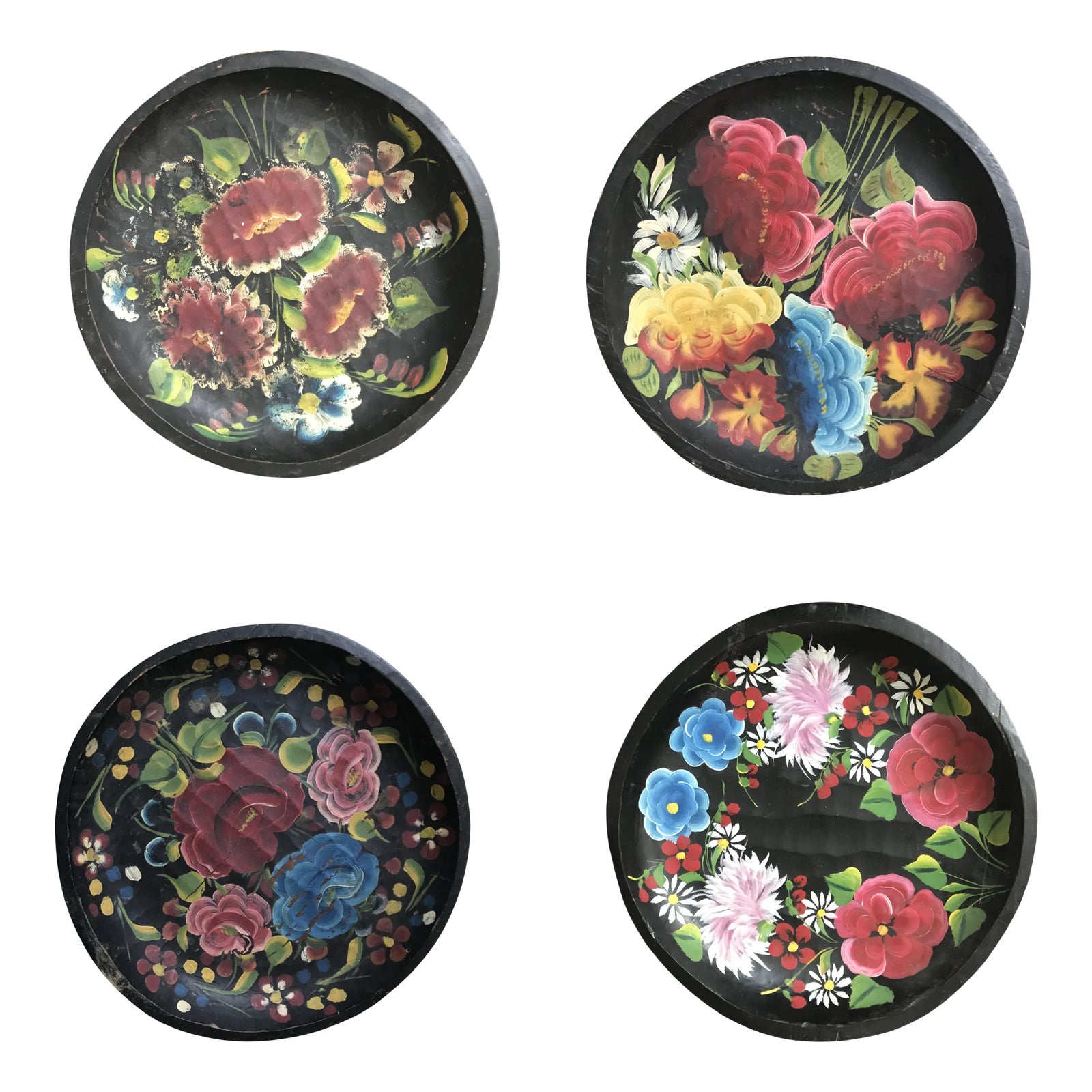Mexican Wooden Plates with Hand-Painted Floral Design, Set of 4 | Chairish