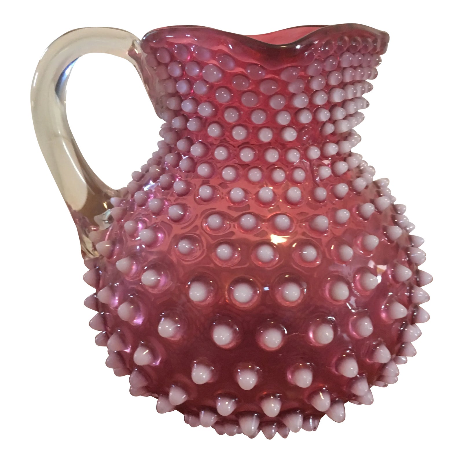 Antique Fenton Cranberry Opalescent Hobnail Glass Water Pitcher | Chairish