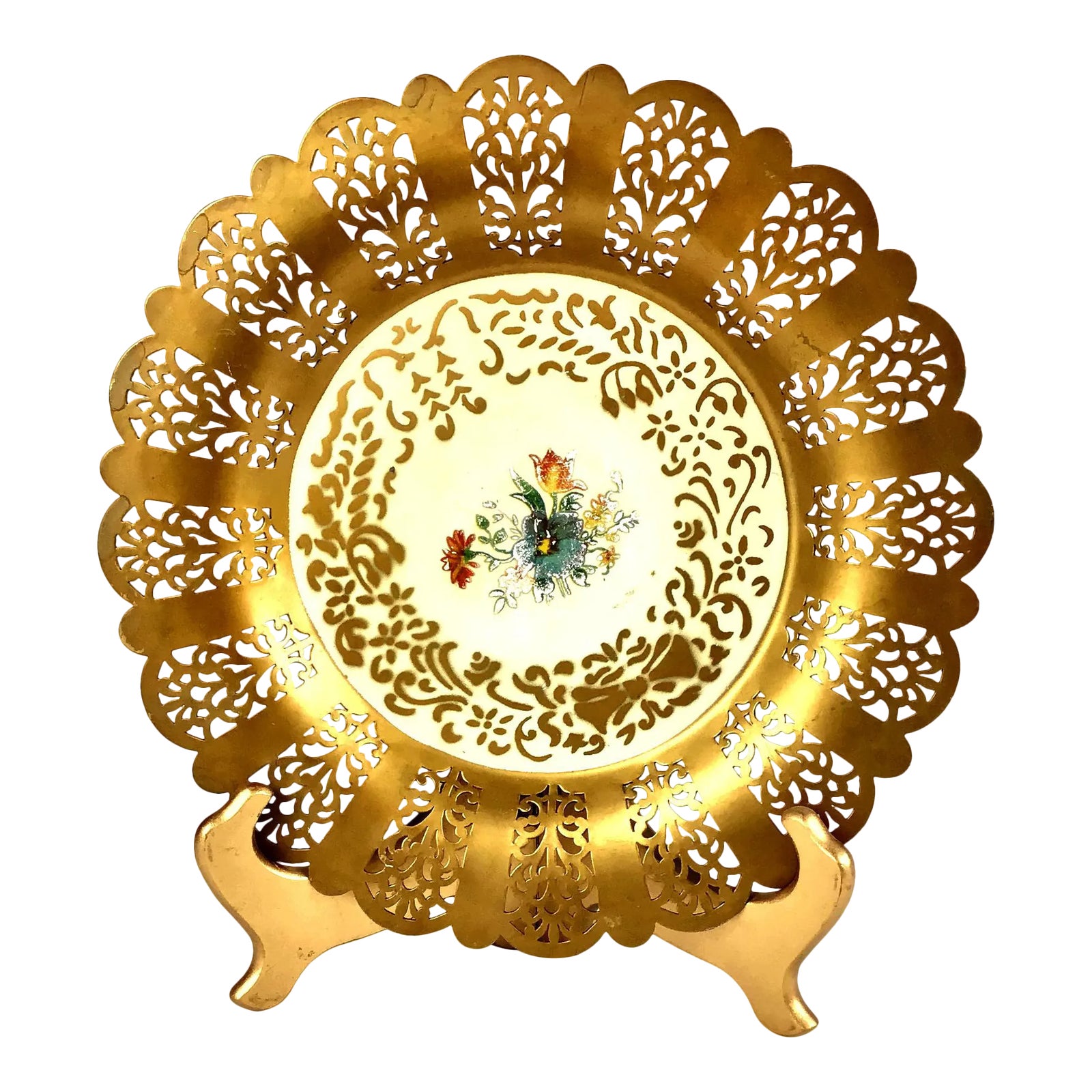 Filigree Toleware Hand Painted Decorative Plate With Stand | Chairish