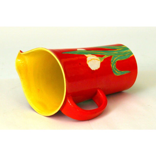 Awaji Pottery Iris Pitcher in Art Deco Atomic Chrome Red Glaze | Chairish
