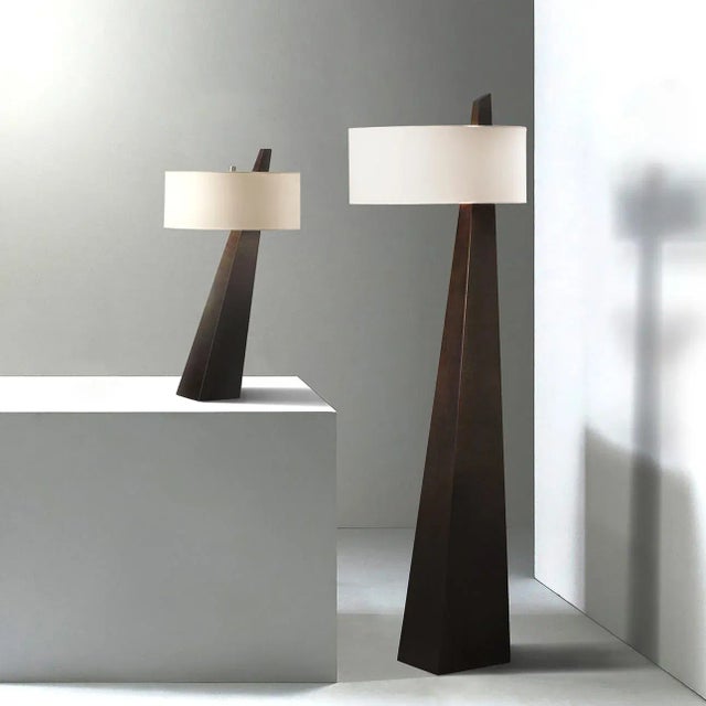 Obelisk Table Lamp - Chestnut Wood, Linen Shade, On/Off Switch | Chairish