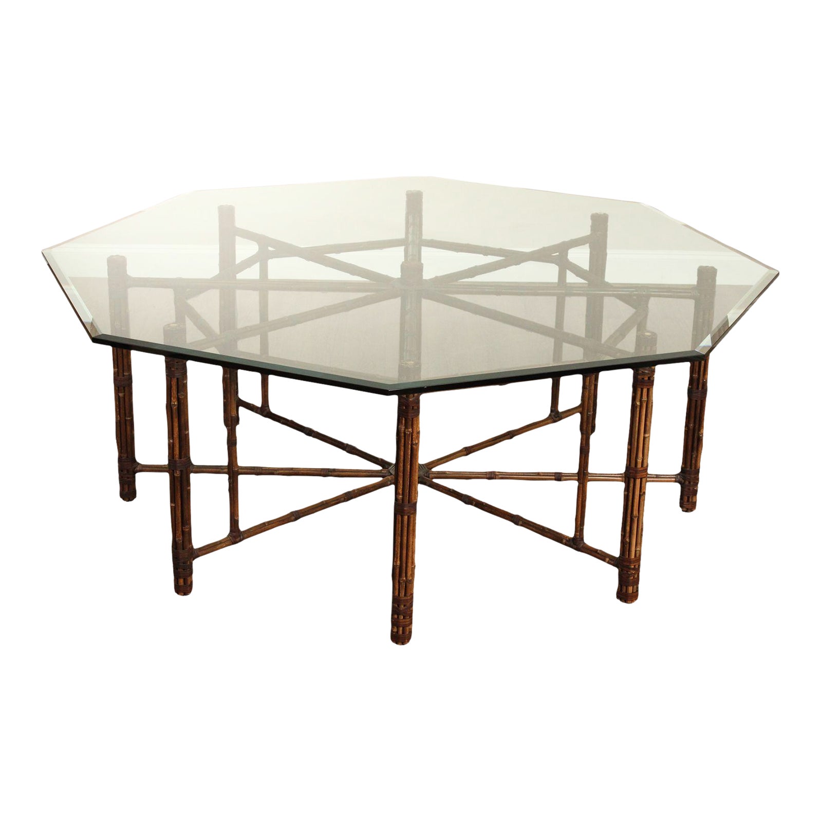 McGuire Octagonal Leather Strapped Bamboo And Glass Top Large Dining ...
