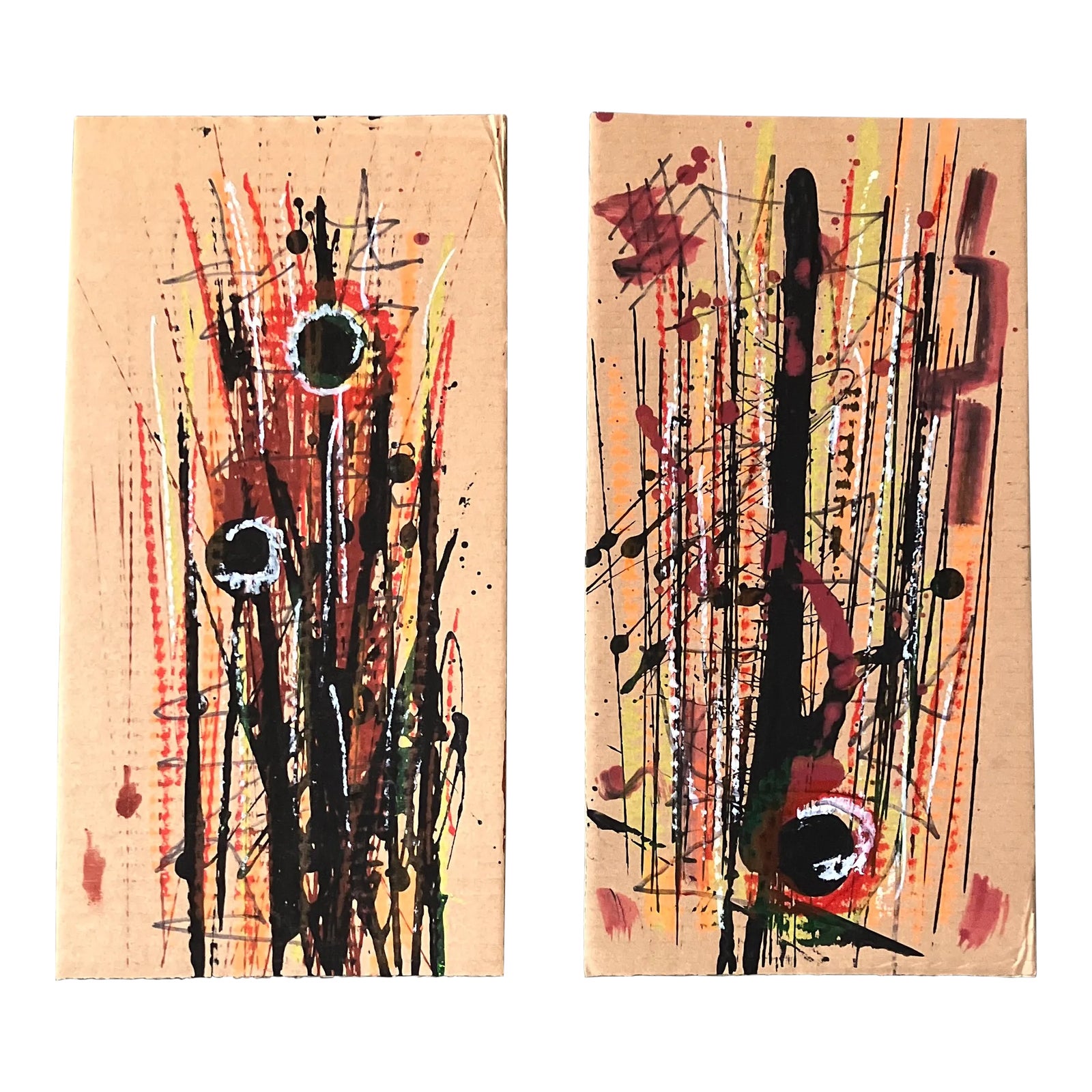 Contemporary Set of 2 Abstract Paintings on Cardboard-A Pair | Chairish