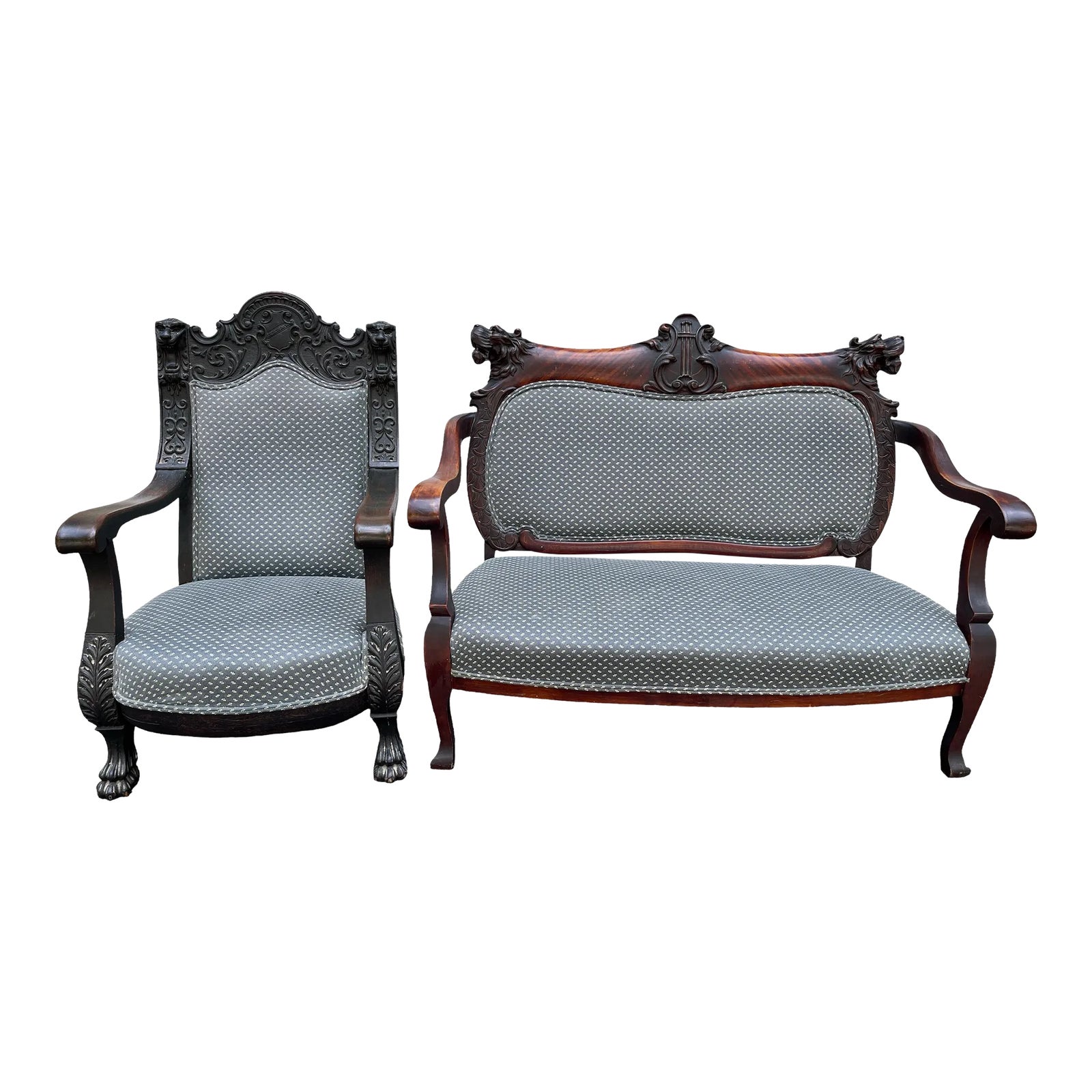 Antique Carved Wooden Lion Head Chair & Sofa Set | Chairish