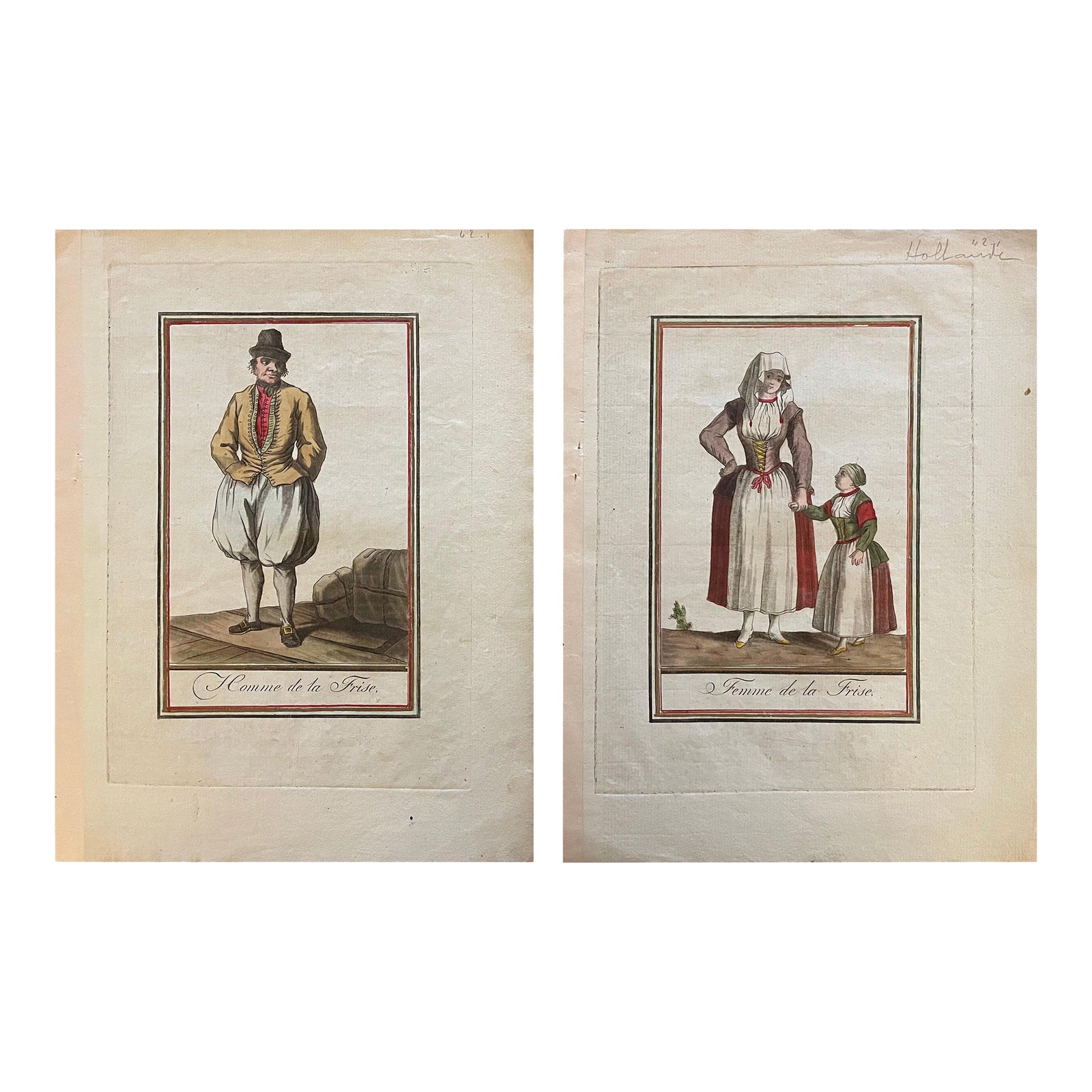 Pair of 18th French Hand Colored Engravings of a Frisian Man, Woman and ...