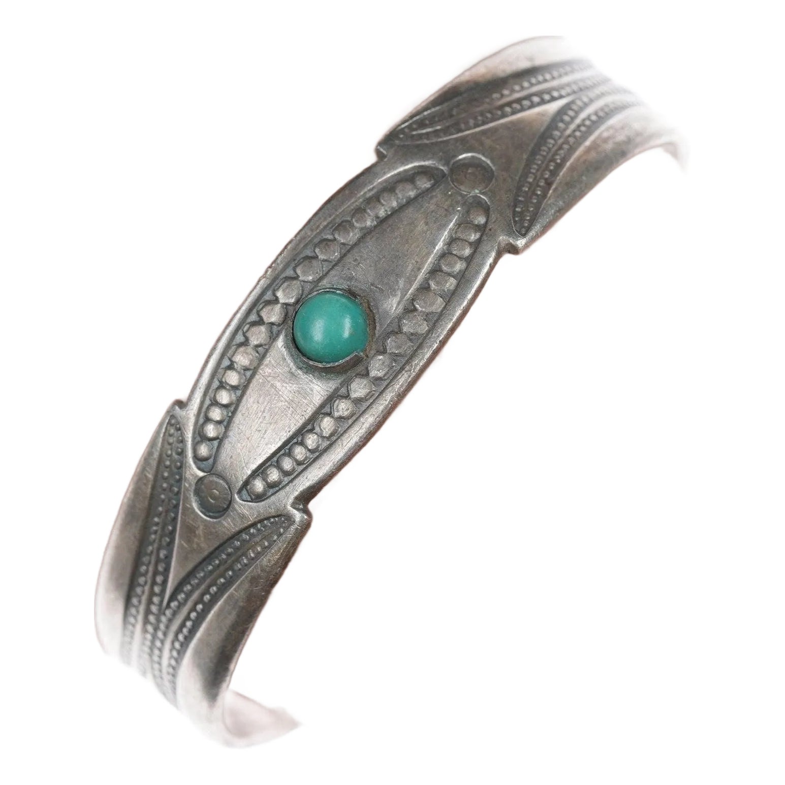 6.75" C1920's Navajo Stamped Ingot Silver and Turquoise Bracelet | Chairish
