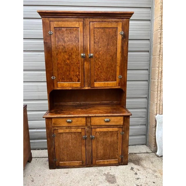 19th Century Antique Early American Primitive Style Stained Pine Two Part Hutch Cabinet Chairish