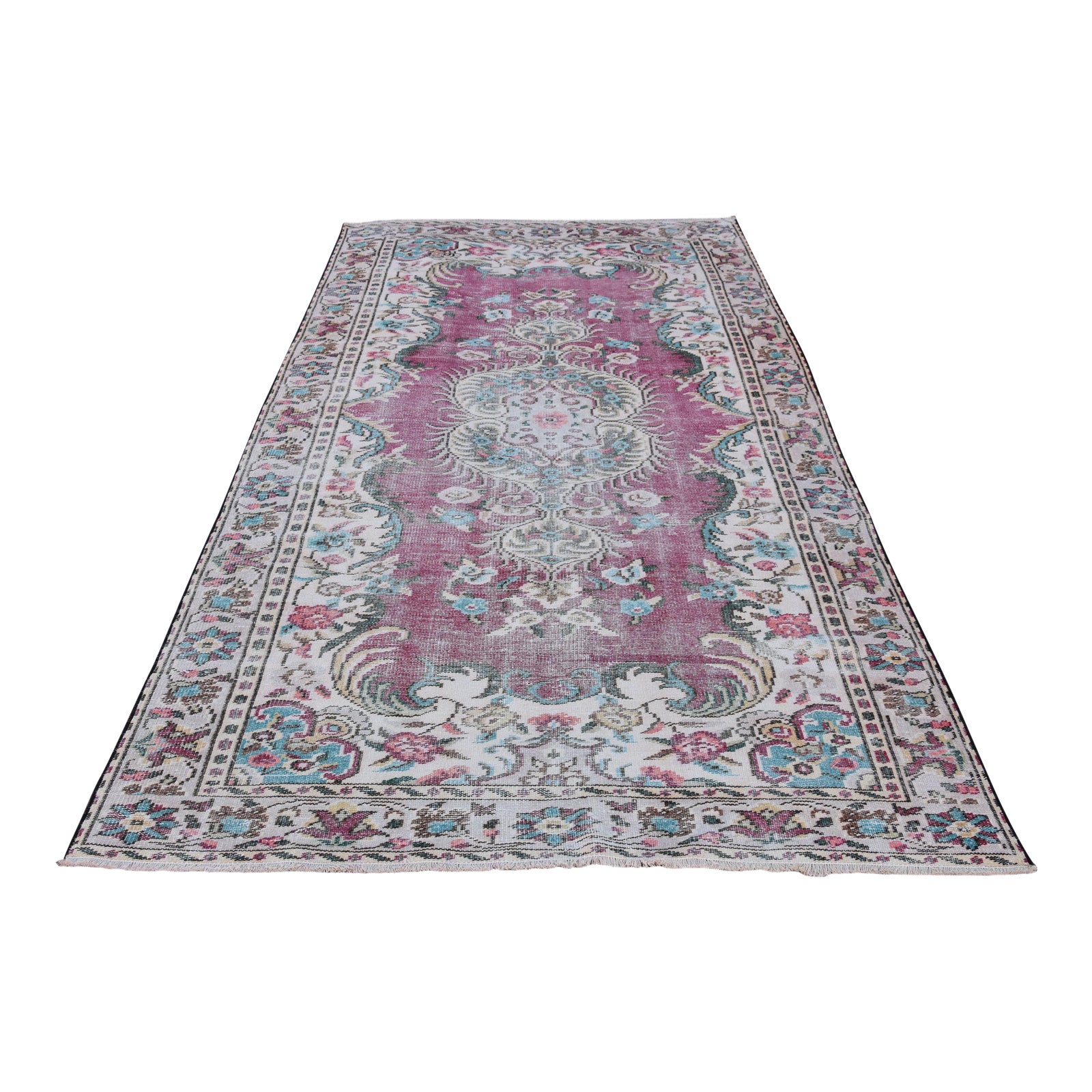 1960s Turkish Bohemian Style Wool Floral Design Distressed Vintage Area ...