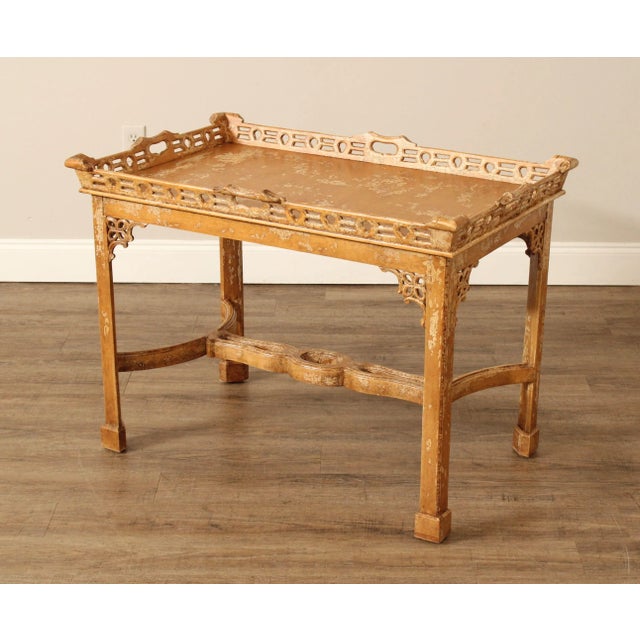 Chinese Chippendale Style Distress Painted Tea Table | Chairish