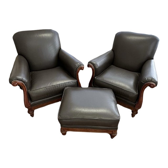 Set of 2 Leather and Wood Accent Chairs and Matching Ottoman | Chairish